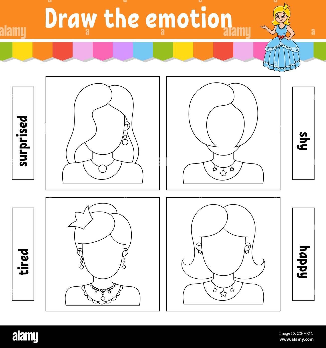 Draw the emotion. Worksheet complete the face. Coloring book for kids ...