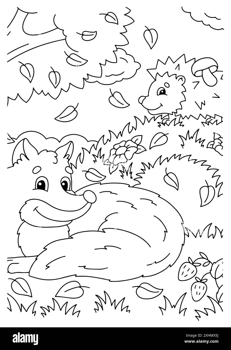 Cute fox in the autumn forest. Coloring book page for kids. Cartoon ...