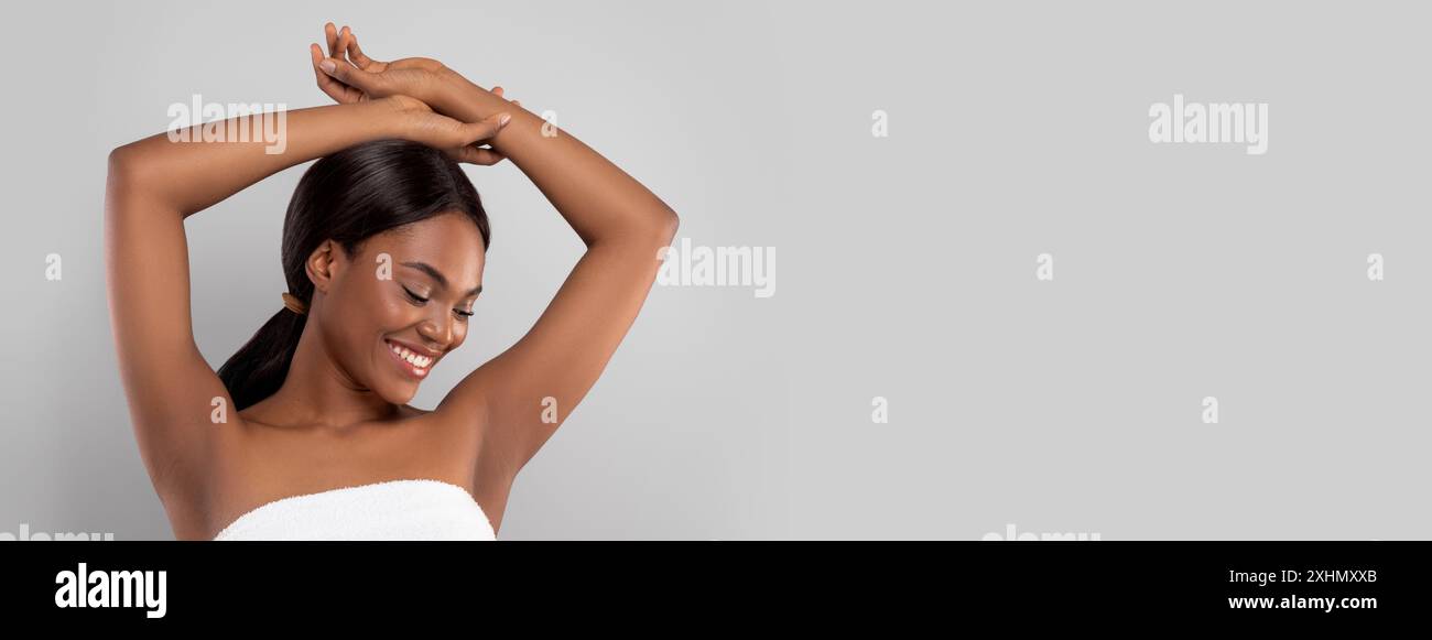 Armpit Depilation. Happy Black Lady Looking At Her Smooth Underarms ...