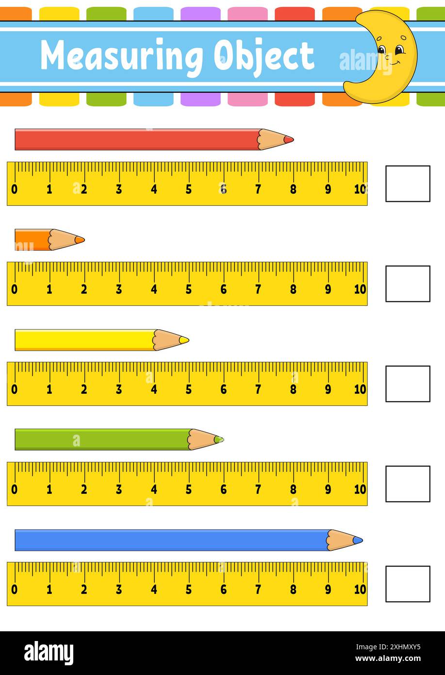 Measuring object with ruler. Education developing worksheet. Game for kids. Color activity page ...