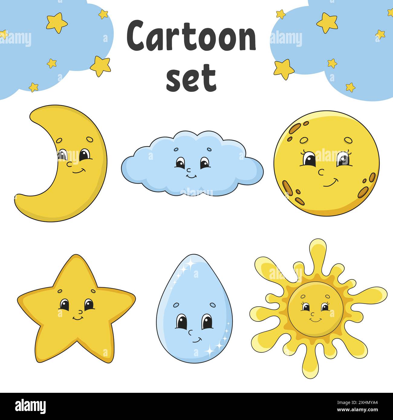 Set of stickers with cute cartoon characters. Hand drawn. Colorful pack ...