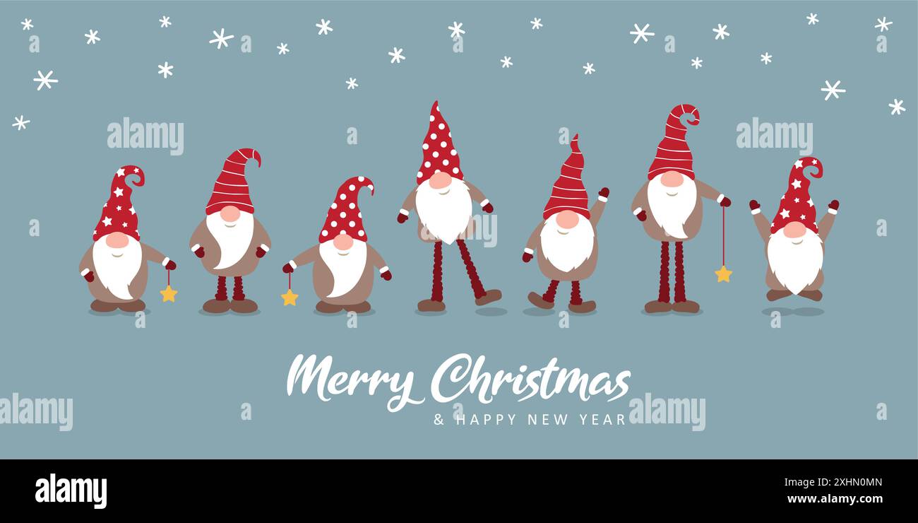 christmas greeting card with cute christmas dwarf in winter vector ...
