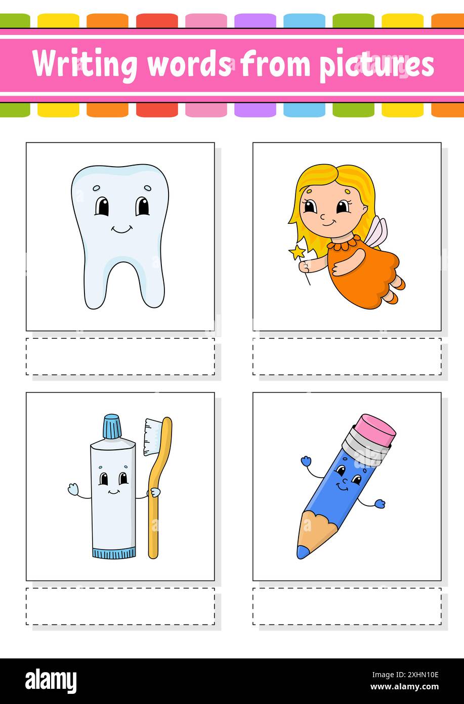 Writing words from pictures. Education developing worksheet. Activity ...