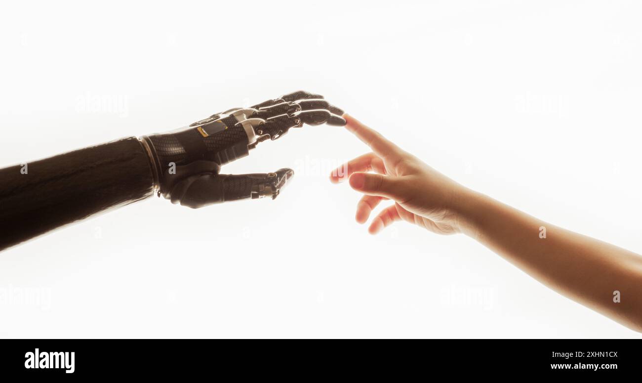 Humanoid Robot Arm Touches Child's Human Hand. Humanity and Artificial ...