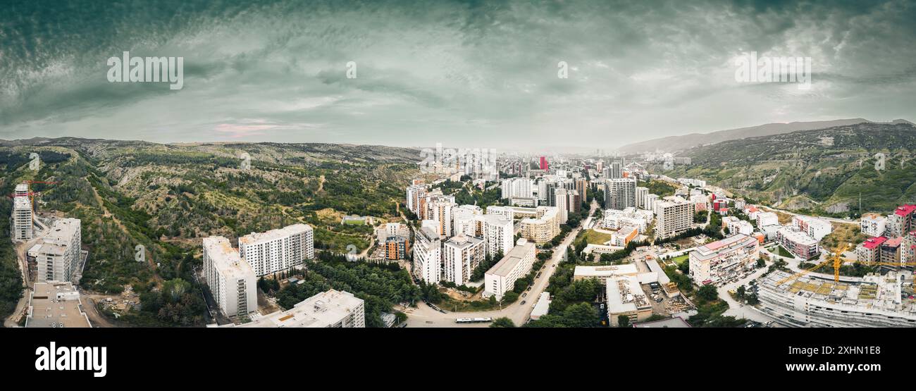 Aerial panoramic view new modern real estate block house buildings ...