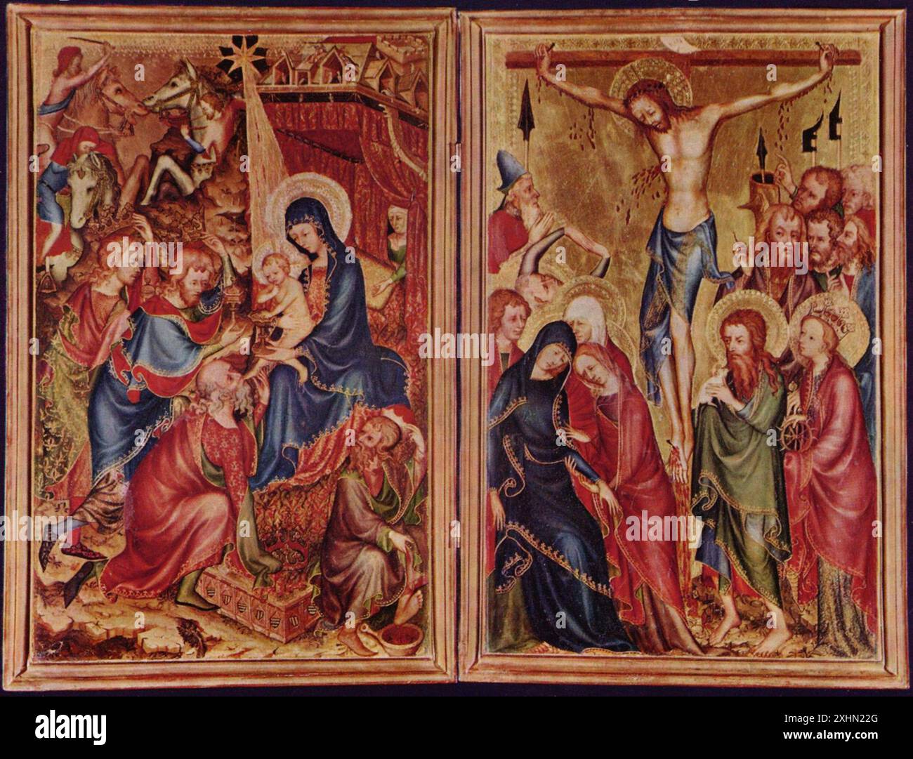 Bargello diptych left scene: Adoration of the Magi, right scene: Crucifixion of Christ Stock ...