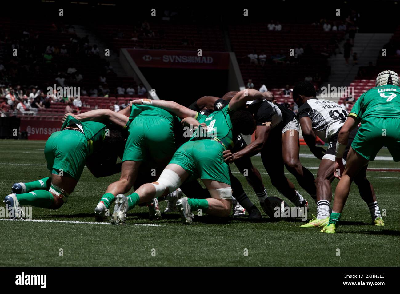 A scrum during a rugby sevens match between Ireland and Fiji, at the ...