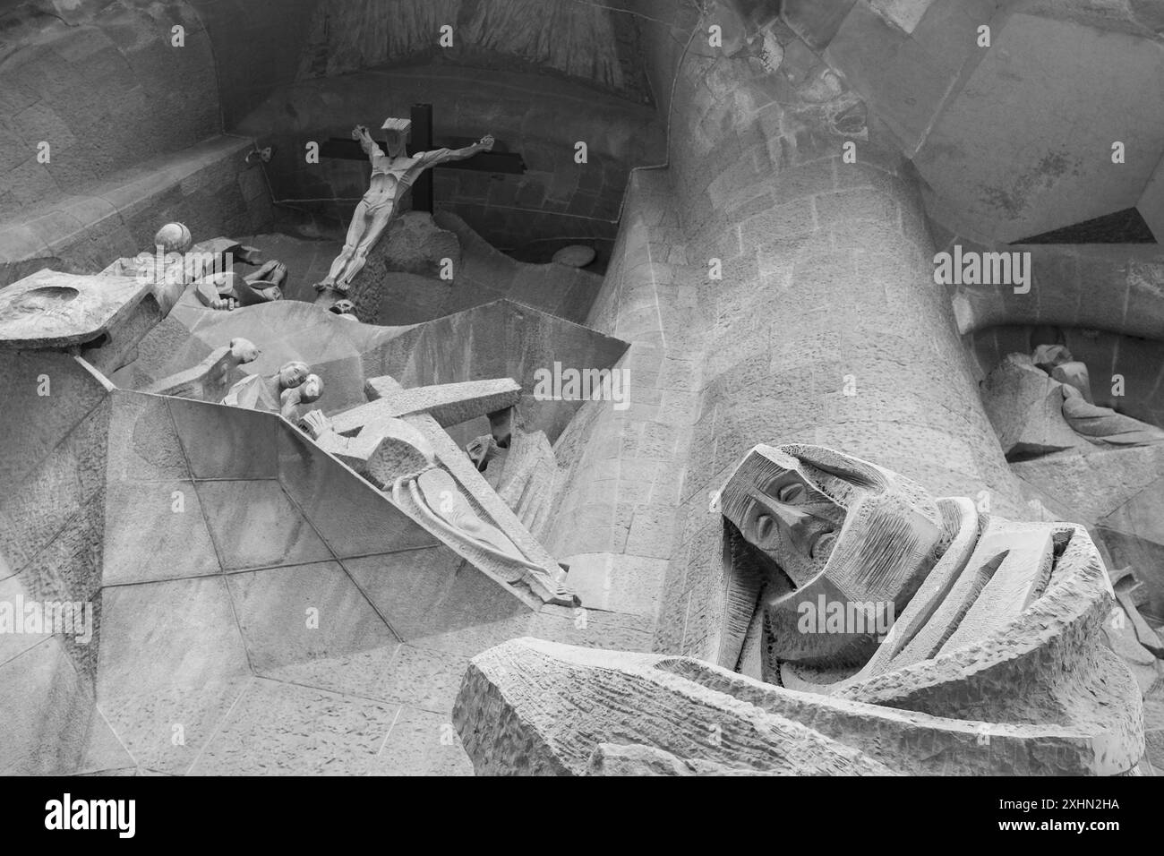 Passion facade of the Sagrada Familia, statue detail of the crucifixion of Jesus Christ ...