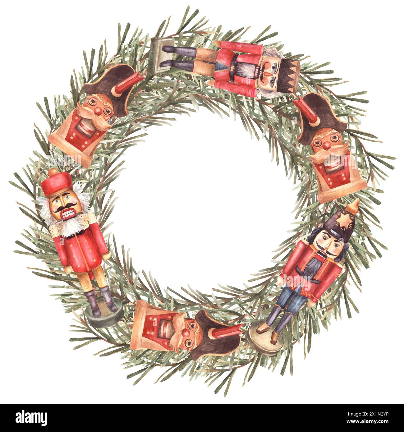 Christmas wreath. Spruce tree branches with nutcrackers retro toy ...