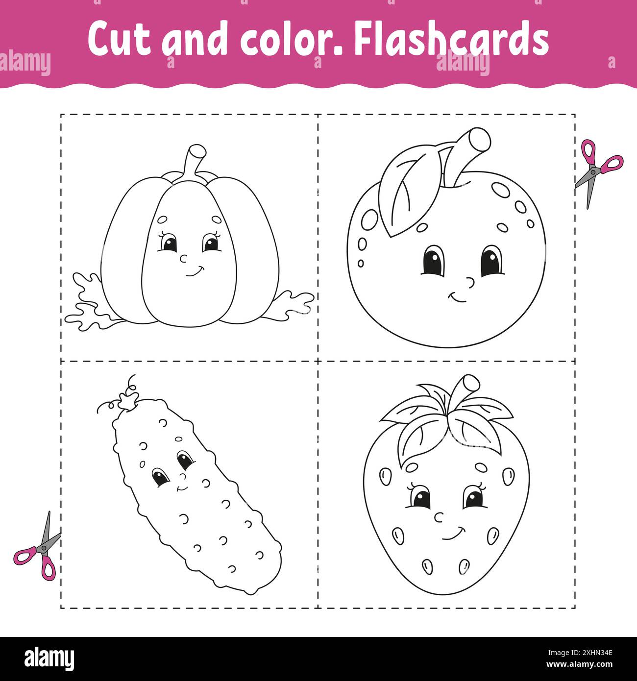 Cut and color. Flashcard Set. Coloring book for kids. Food theme. Cute ...