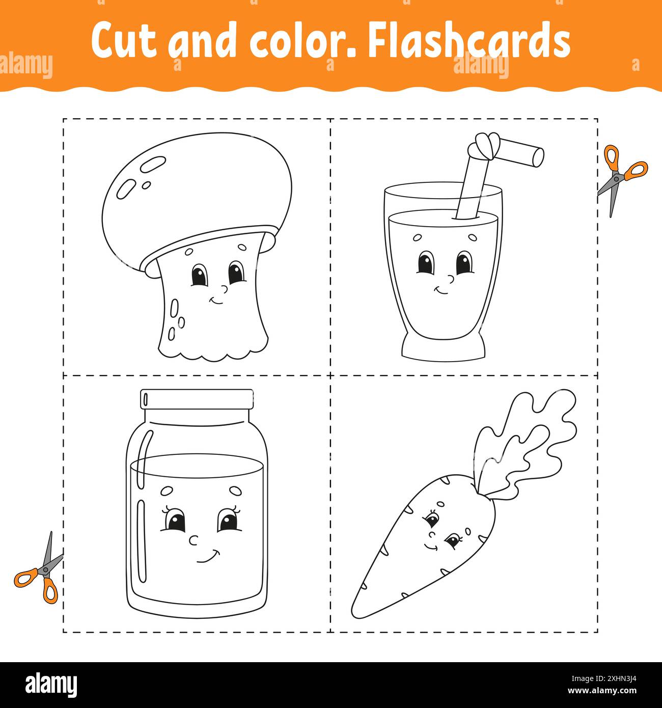 Cut and color. Flashcard Set. Coloring book for kids. Cute cartoon ...
