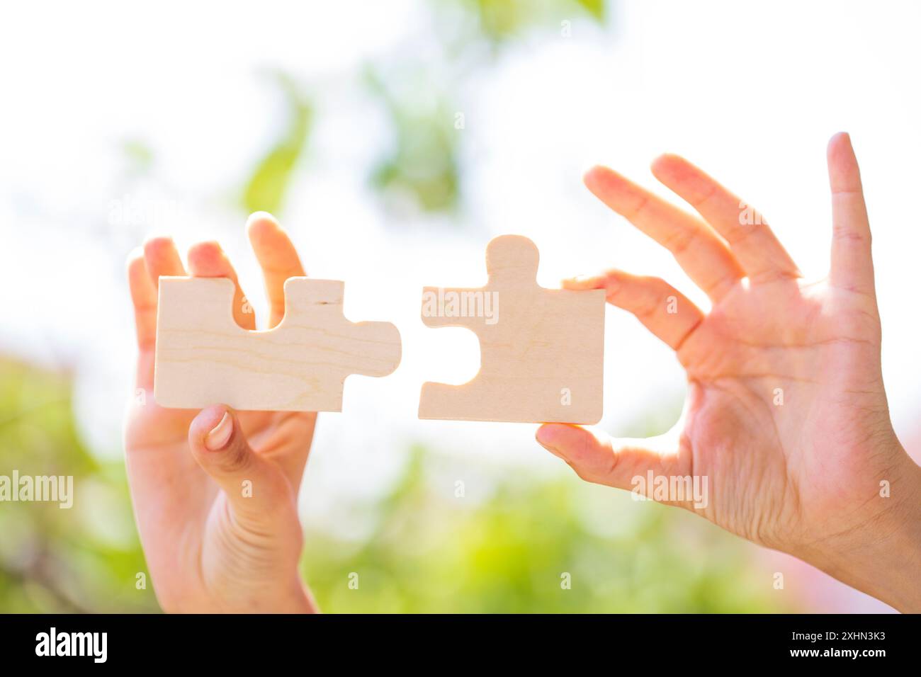 two hands trying to connect couple puzzle piece Stock Photo - Alamy