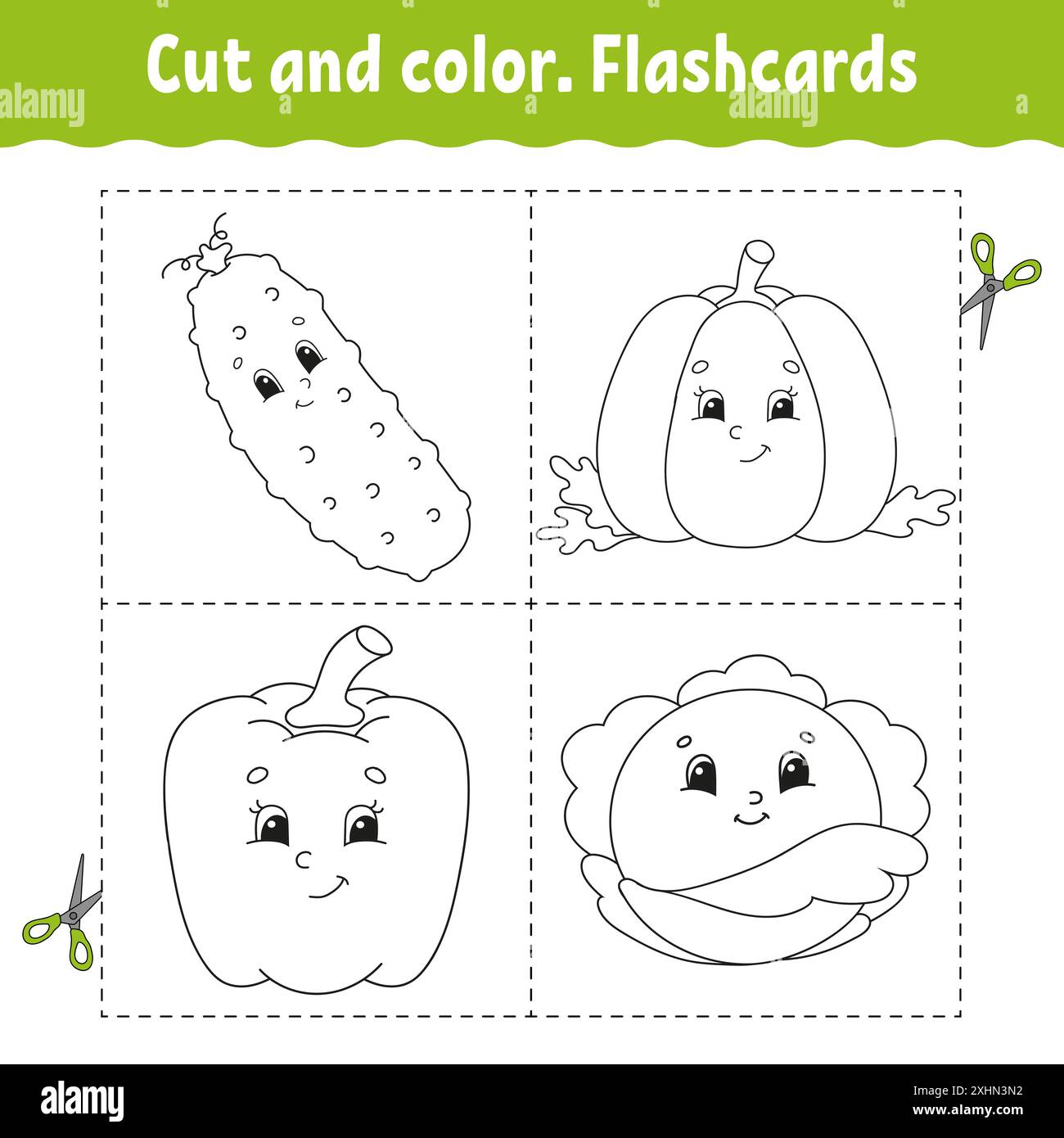 Cut and color. Flashcard Set. Coloring book for kids. Food theme. Cute ...