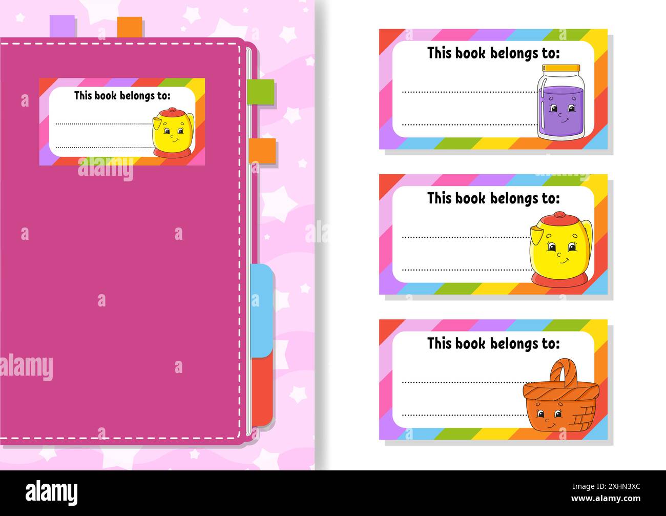 Book label stickers for kids. The rectangular shape. Cartoon character ...