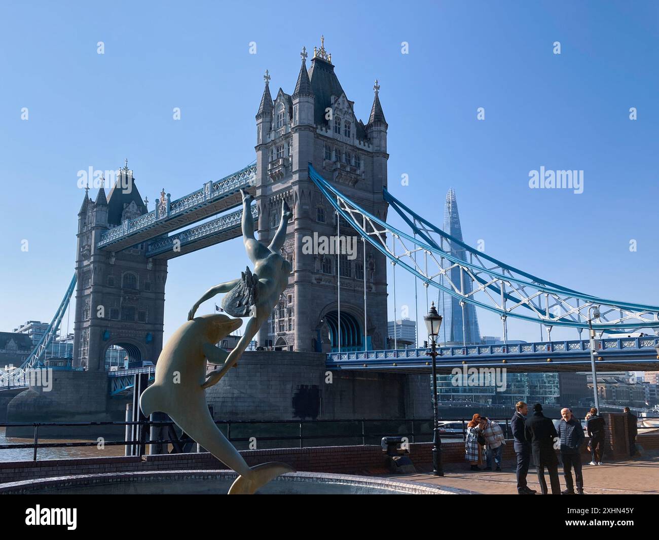 Girl and dolphin fountain by Tower Bridge, London, England, UK Stock ...