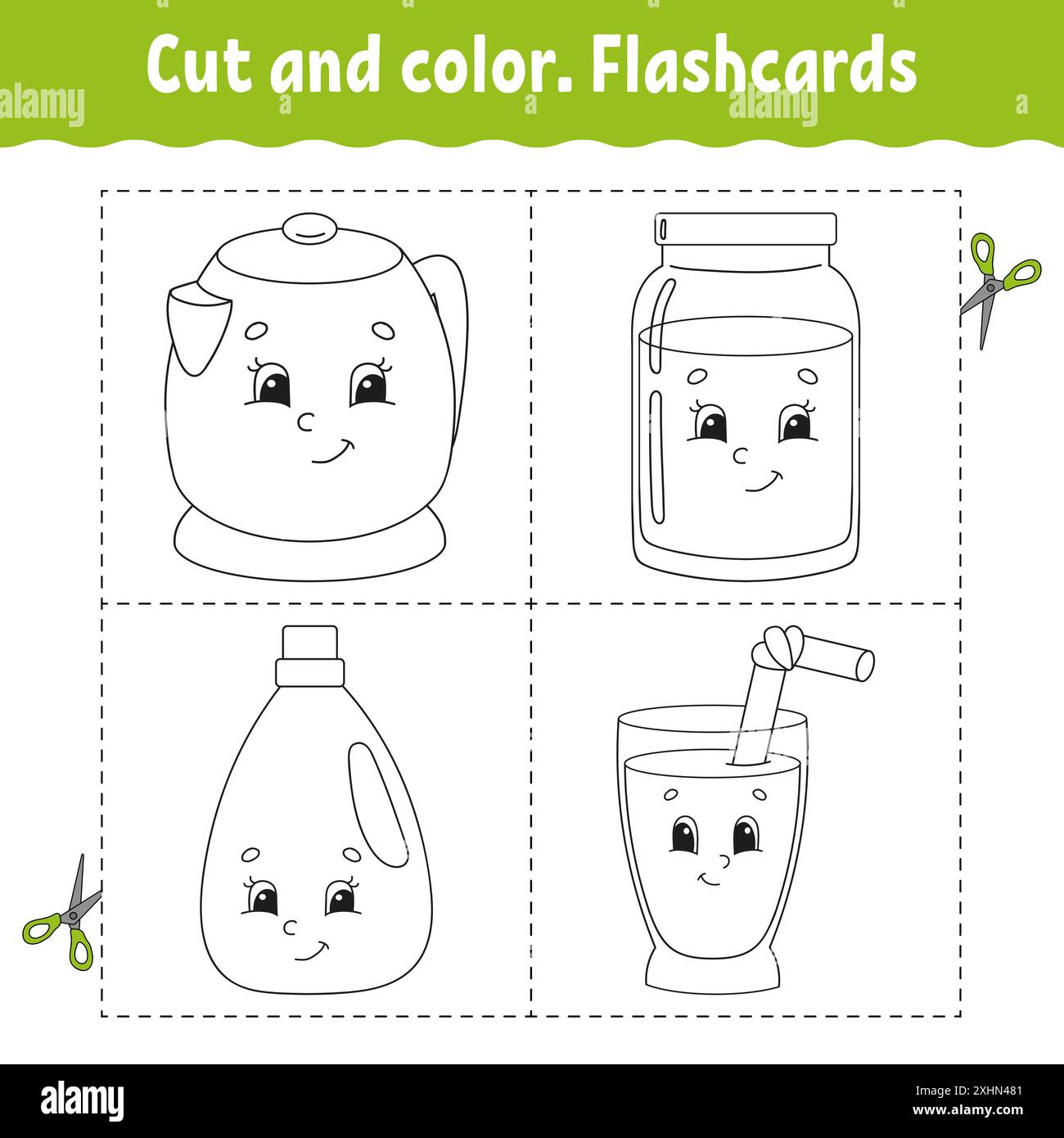 Cut and color. Flashcard Set. Coloring book for kids. Cute cartoon ...