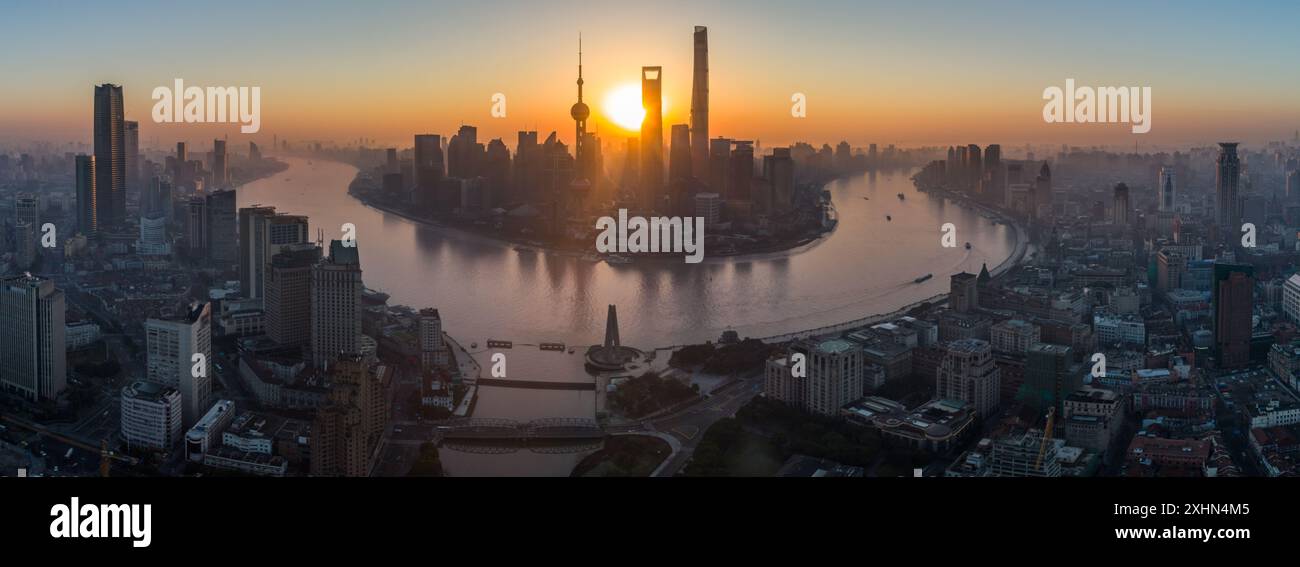 Panoramic Aerial View of Shanghai Skyline at Sunrise. Lujiazui ...