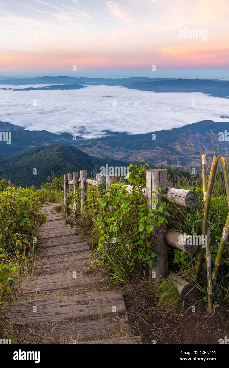 Wooden path and clouds in Doi Inthanon mountains. Thailand Stock Photo ...