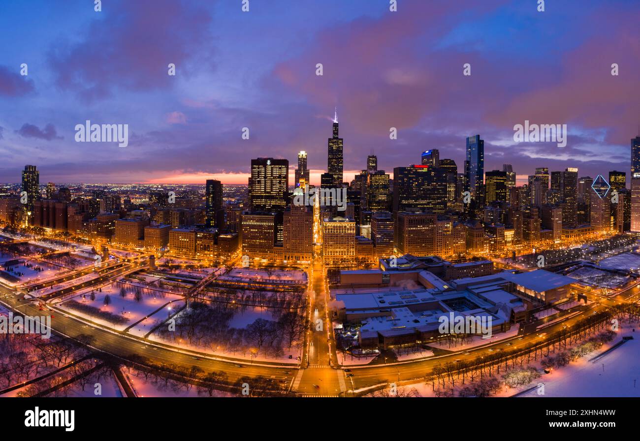Urban Skyline of Chicago Loop at Night in Winter. Blue Hour. Aerial ...