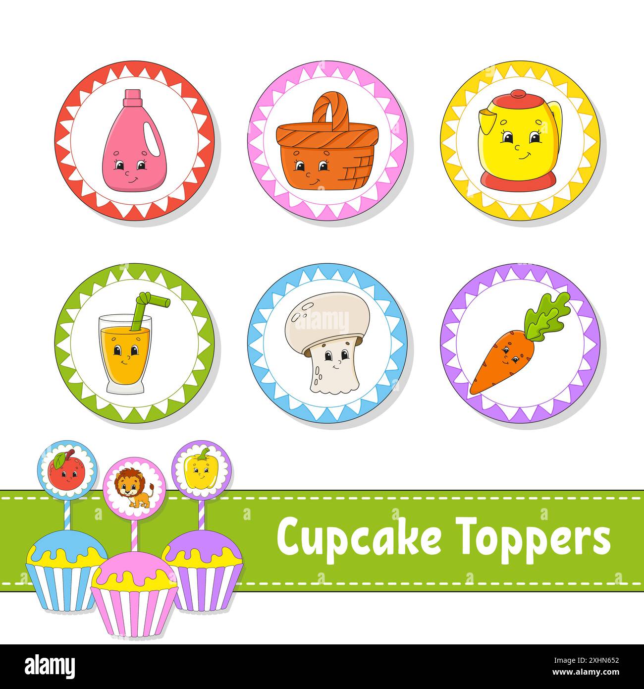 Cupcake Toppers. Set of six round pictures. cartoon characters. Cute ...