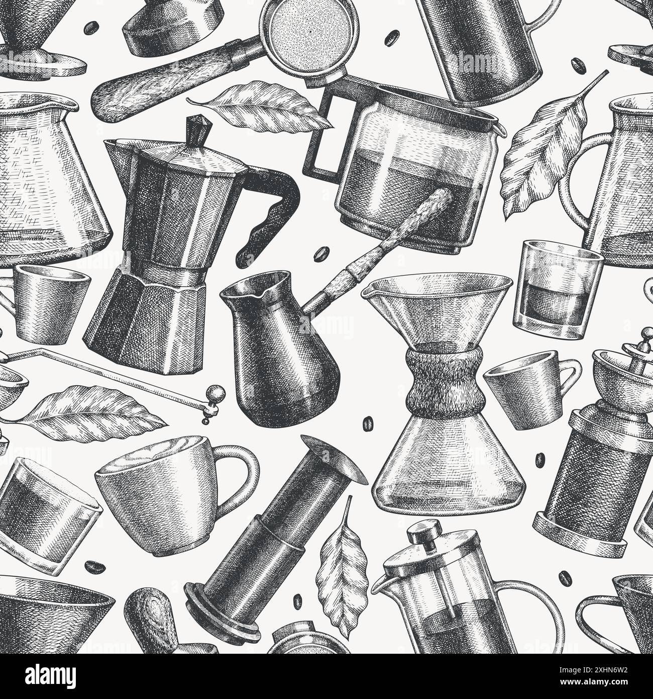 Alternative Coffee Makers Seamless Pattern. Vector Hand Drawn Specialty Coffee Equipment ...