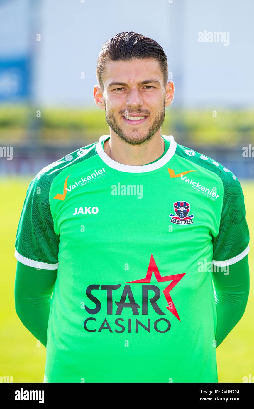 Denderleeuw, Belgium. 15th July, 2024. Dender's Julien Devriendt poses ...