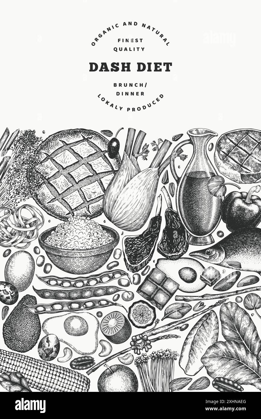 Dash Diet Design Template. Vector Hand Drawn Healthy Food Banner ...