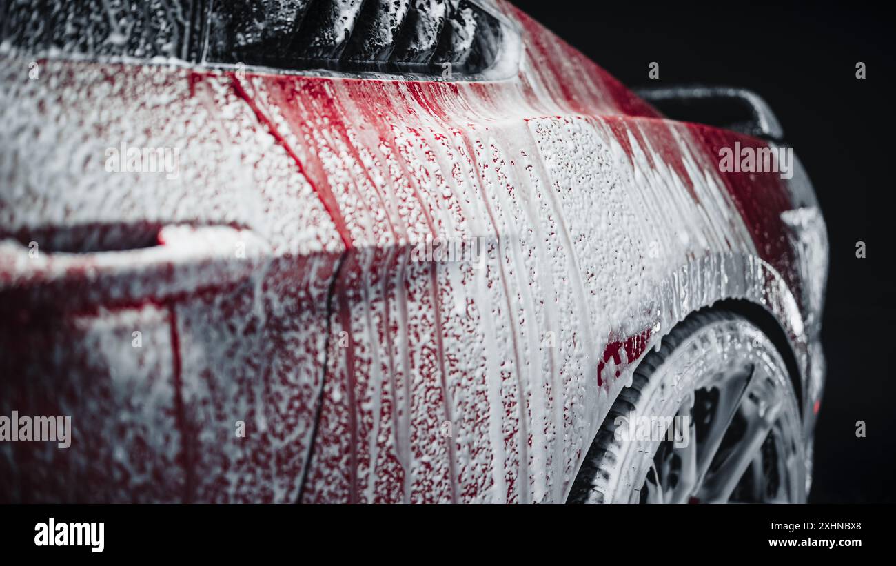 Aesthetic Shot of a Red Sport Coupe Covered in Washing Soap and Foam ...