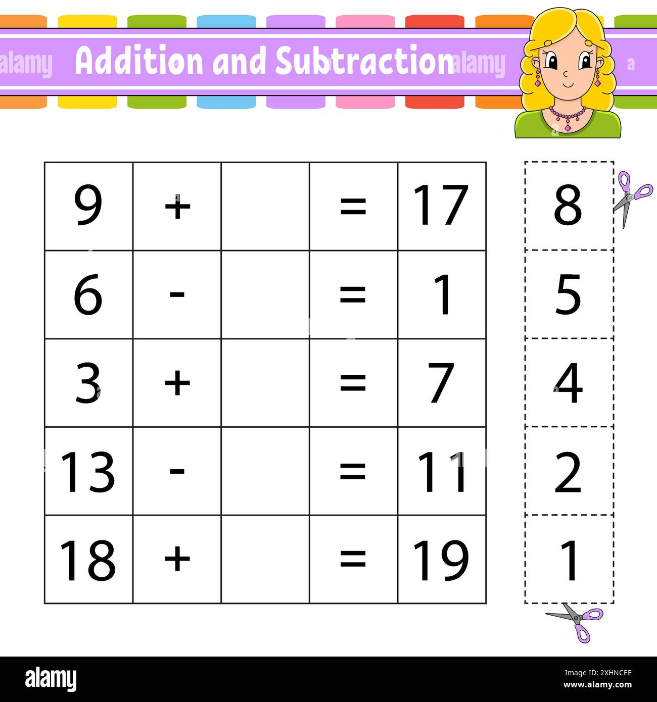 Addition and subtraction. Task for kids. Cut and paste. Education ...