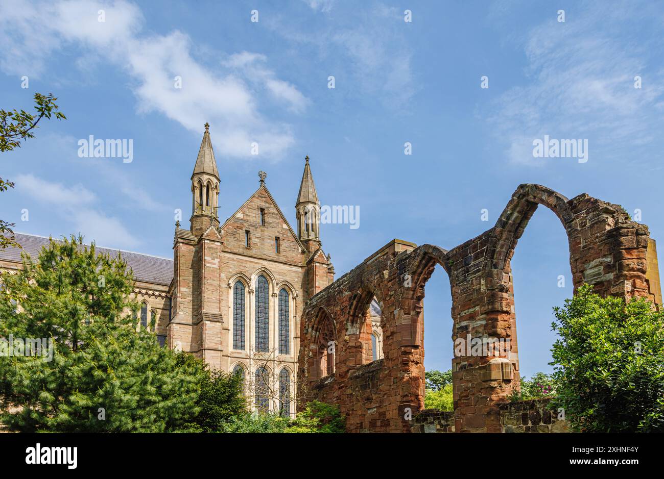 External view of iconic Worcester Cathedral and the ruins of Guesten ...