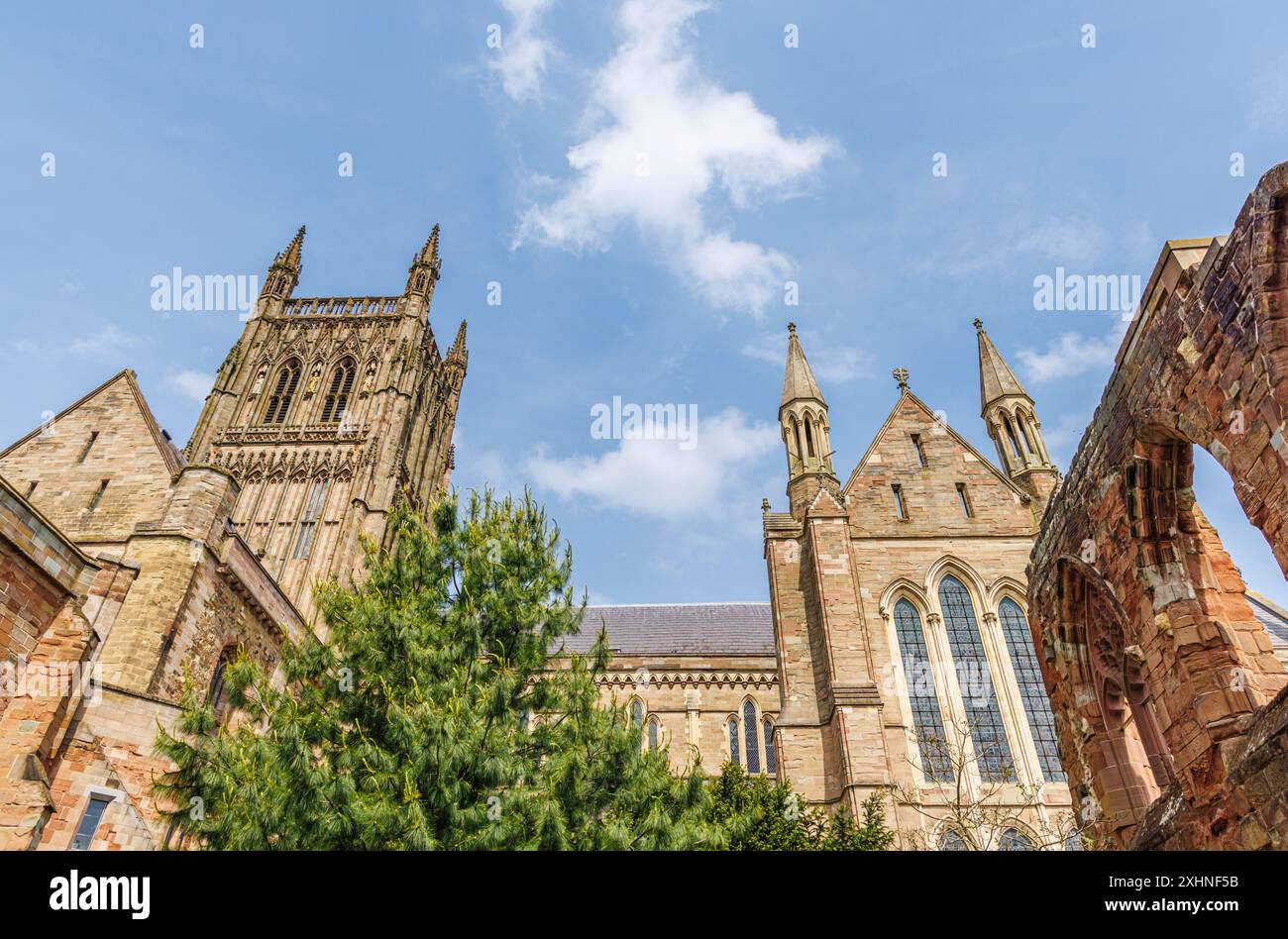 External view of iconic Worcester Cathedral and the ruins of Guesten ...