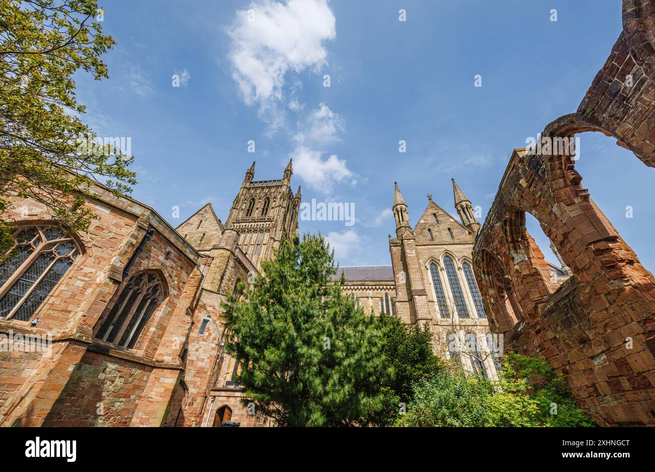 External view of iconic Worcester Cathedral and the ruins of Guesten ...