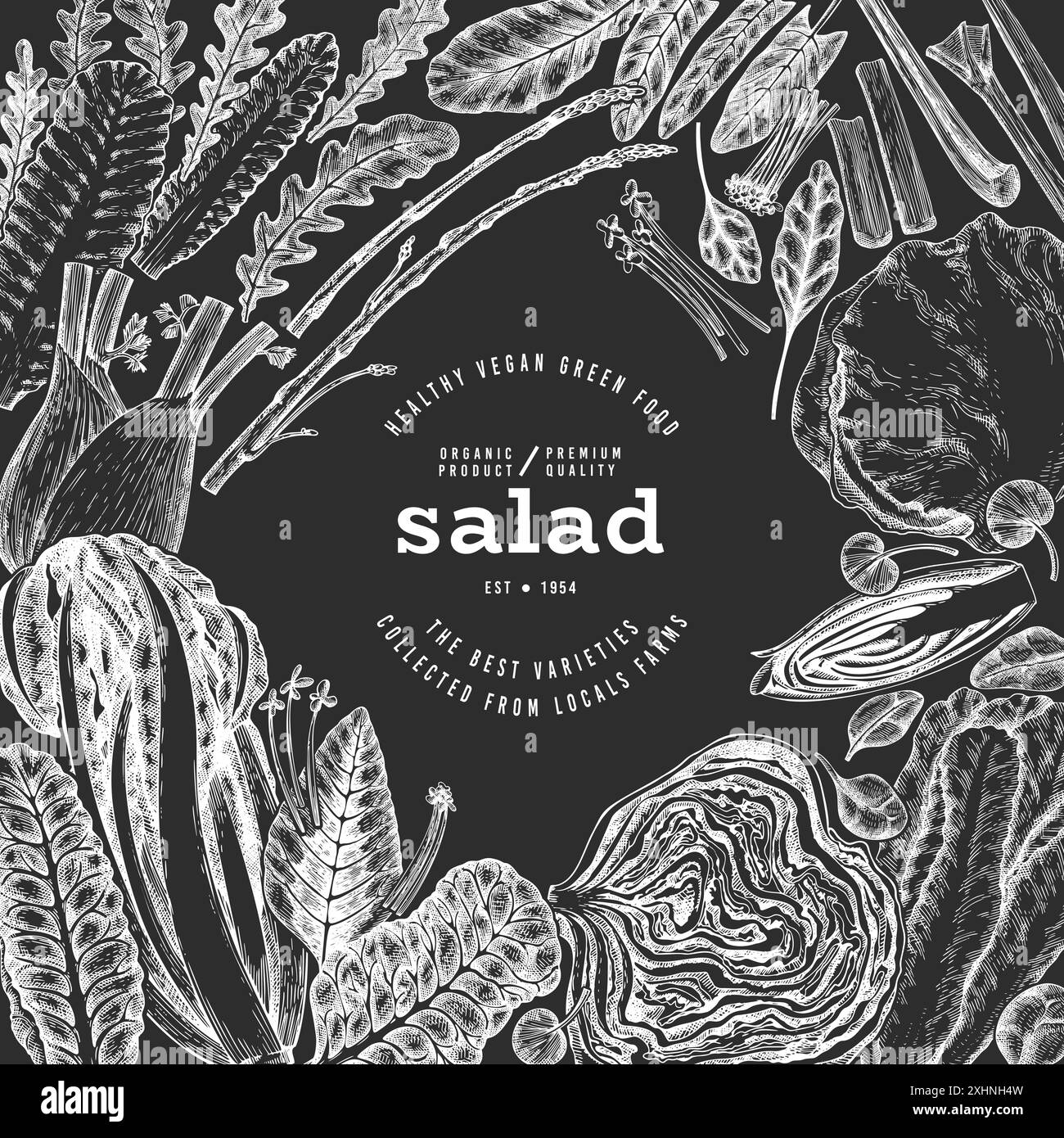 Green Vegetable Design Template. Vector Hand Drawn Healthy Leaf Salad ...