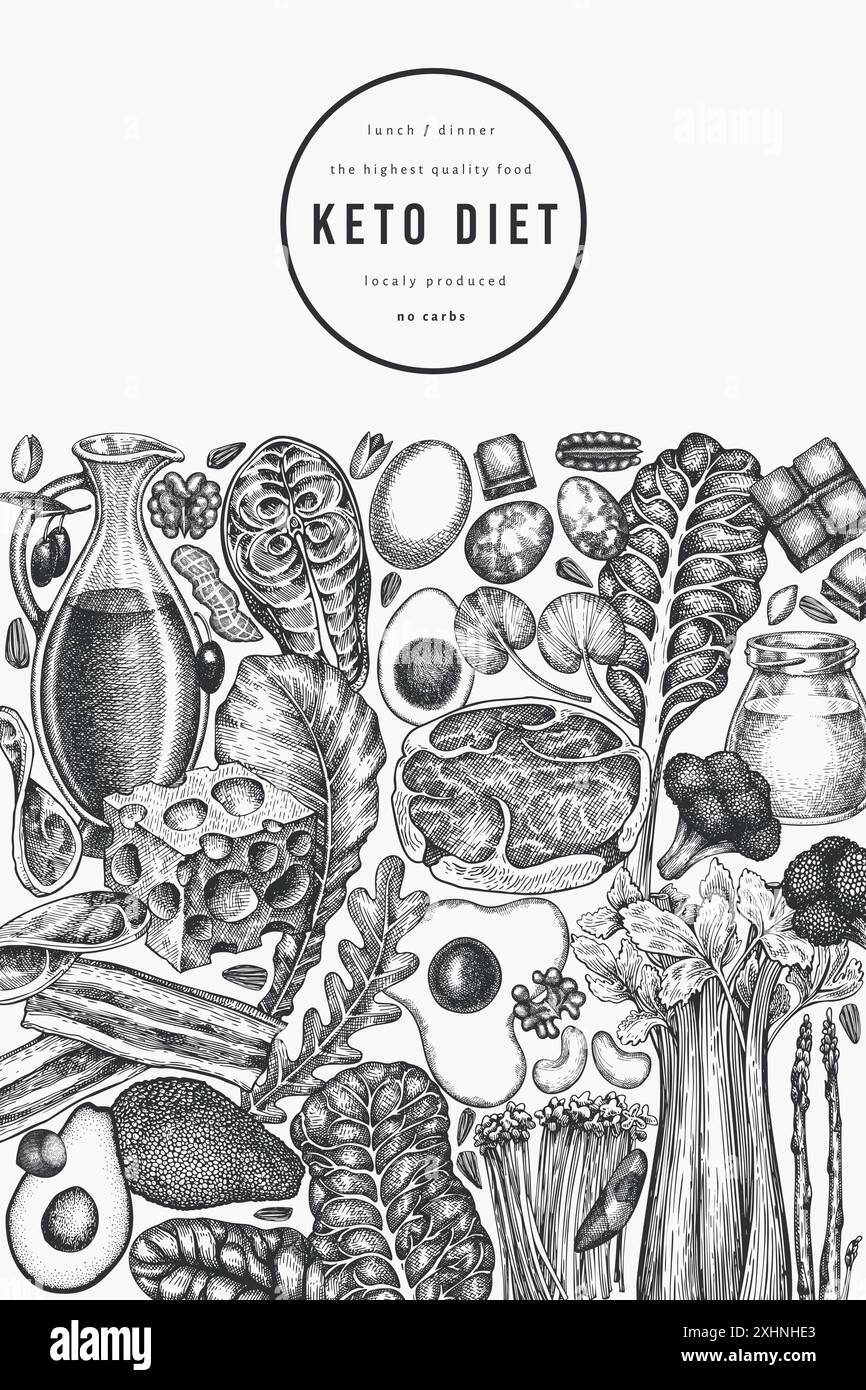 Keto Diet Design Template. Vector Hand Drawn Healthy Food Banner ...