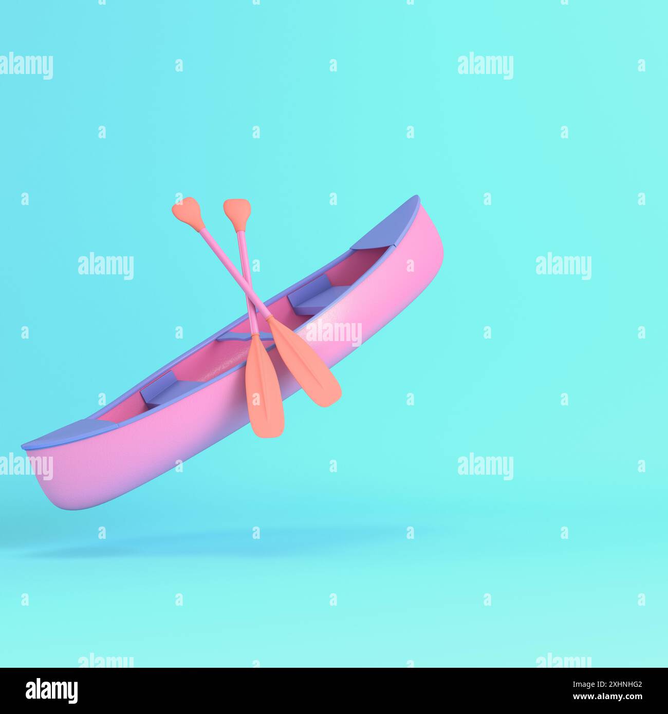 Pink canoe with paddles on bright blue background in pastel colors ...