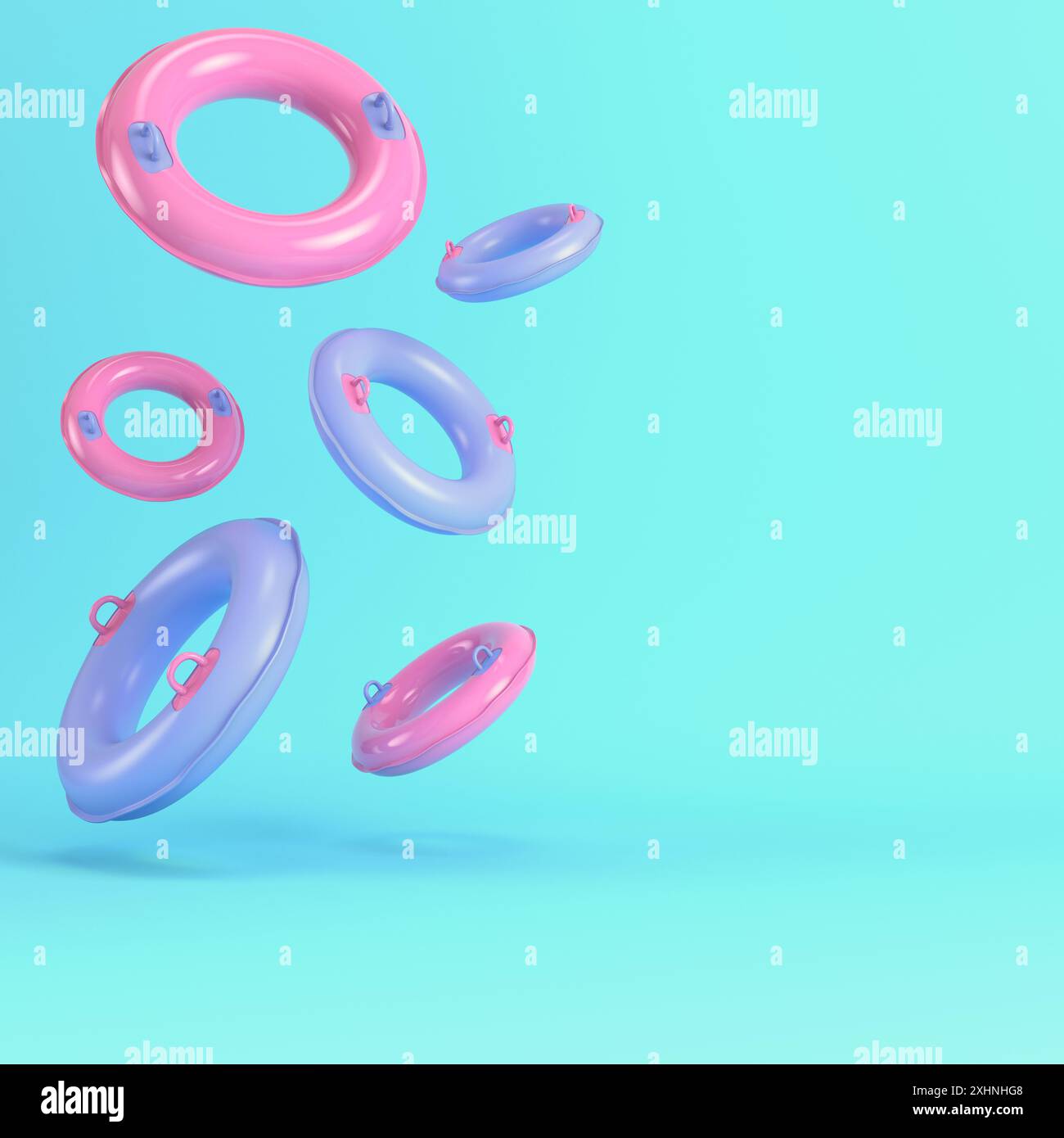 Flying inflatable lifebuoy rings on bright blue background in pastel ...