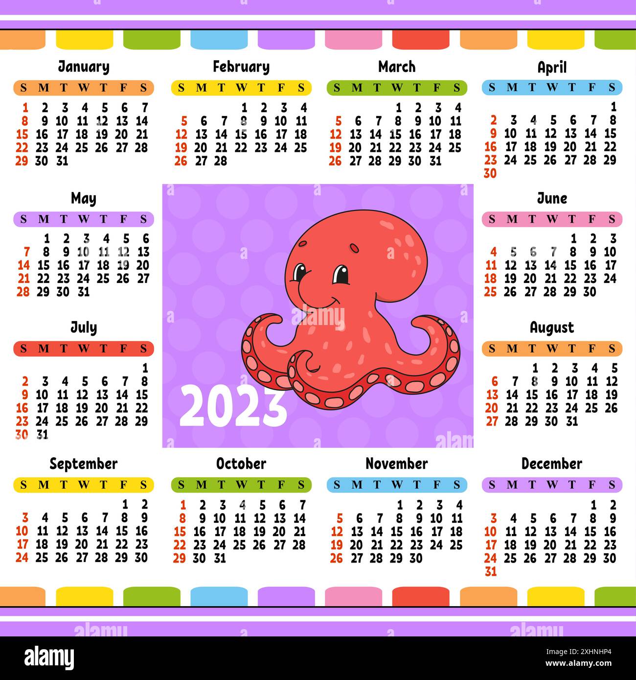 Calendar for 2023 with a cute character. Fun and bright design ...