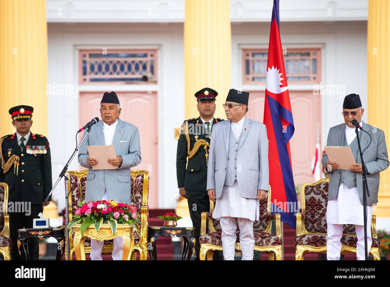 Kathmandu, Nepal. 15th July, 2024. Nepal's President Ram Chandra Poudel (2nd L) administers the ...