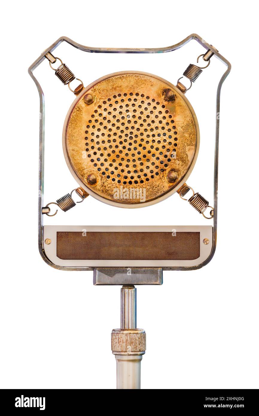 Authentic vintage audio microphone on stand isolated on a white ...