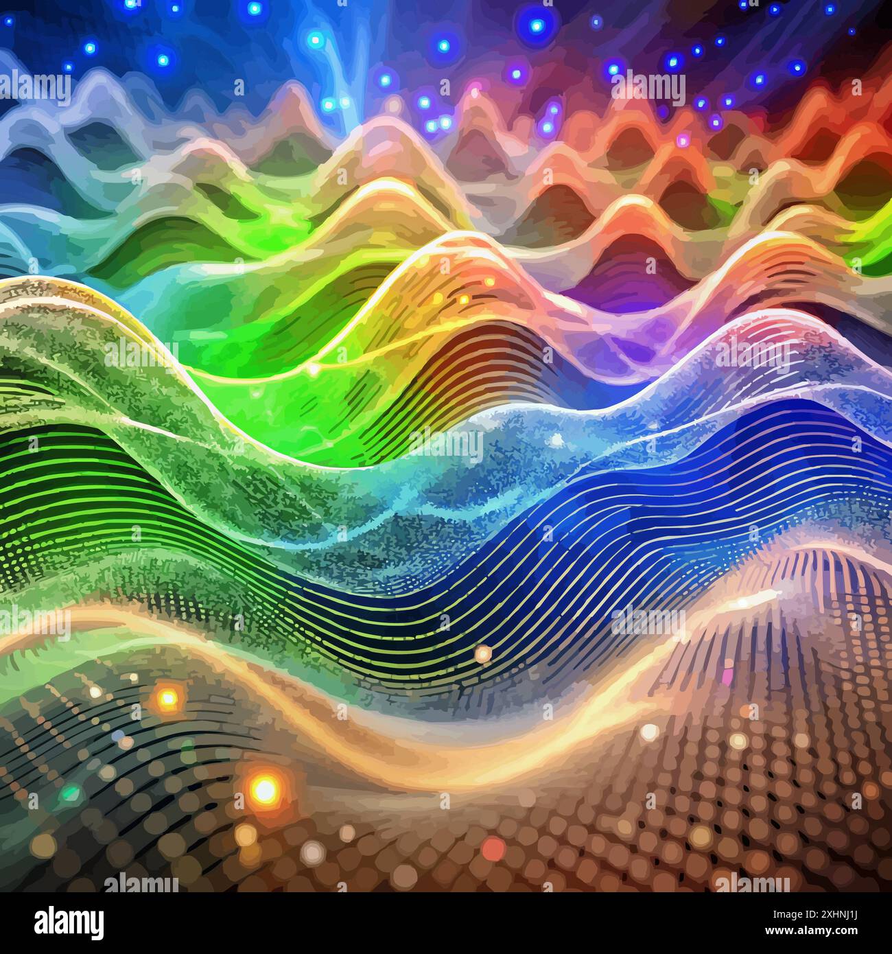 Abstract waves with pulsating particles, futuristic motion background design, vector elements ...