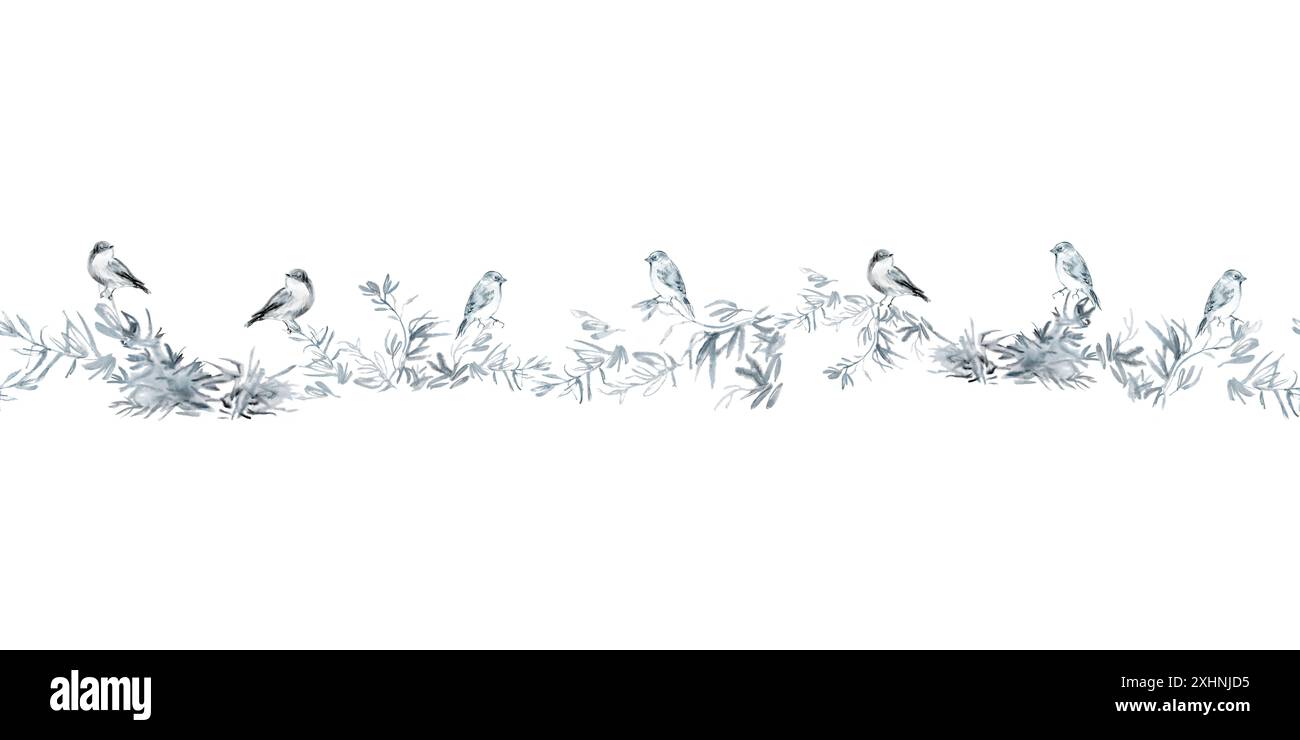 Seamless border of birds siting and singing on a branch. Watercolor ...