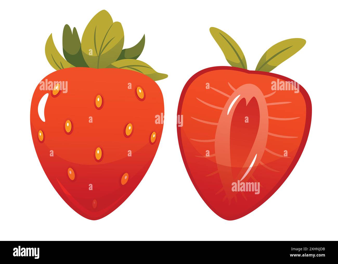 Set of fresh bright strawberries whole, half of strawberry and cut into ...