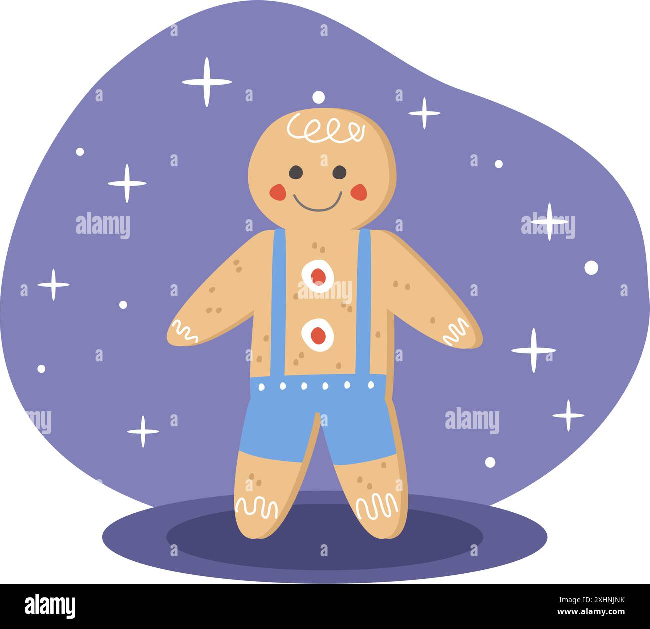 Cute gingerbread man smiling wearing blue overalls on purple background ...