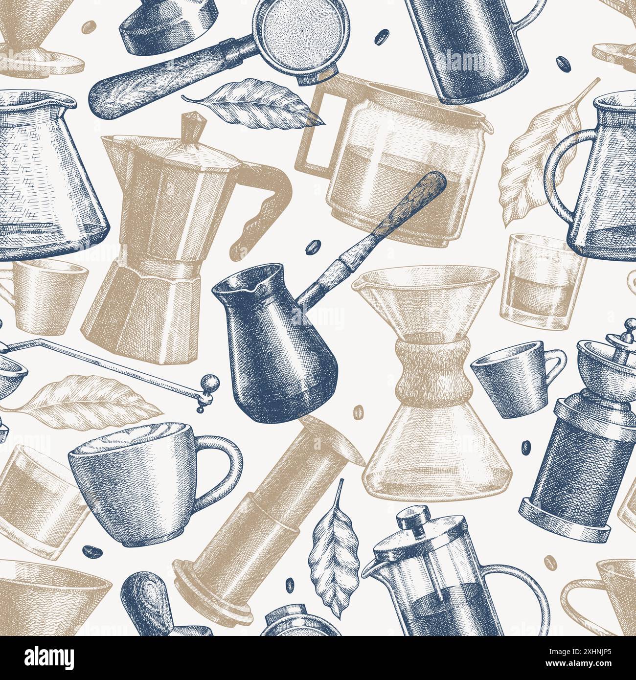 Alternative Coffee Makers Seamless Pattern. Vector Hand Drawn Specialty Coffee Equipment ...