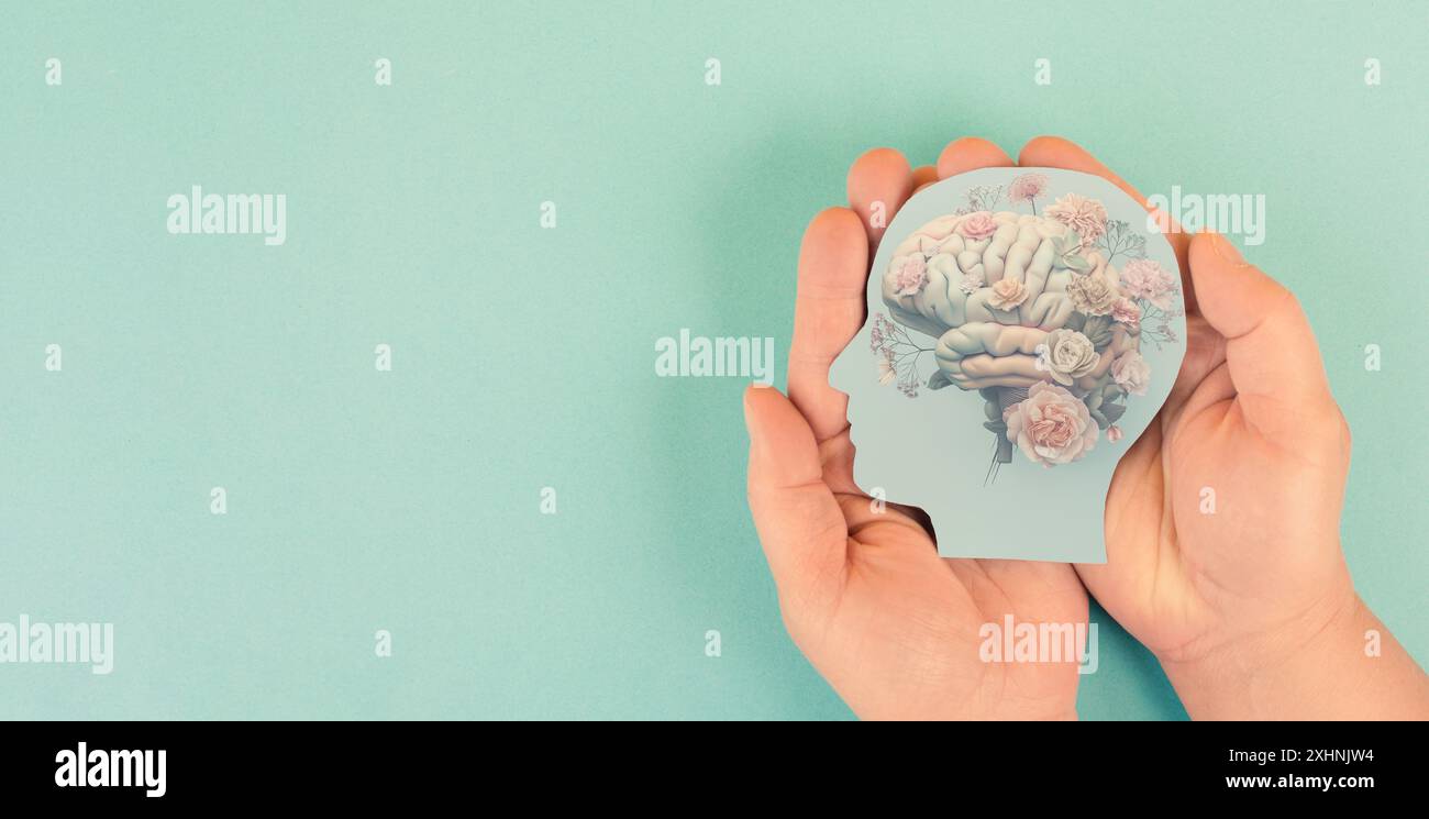 Human brain tree with flowers, self care and mental health concept ...