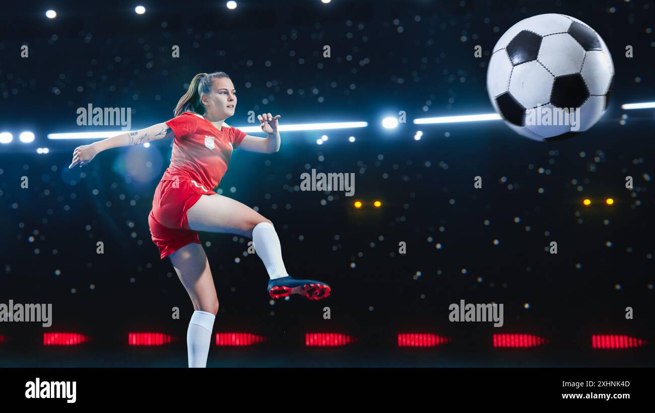 Aesthetic Shot Of Female Soccer Football Player Jumping And Kicking ...