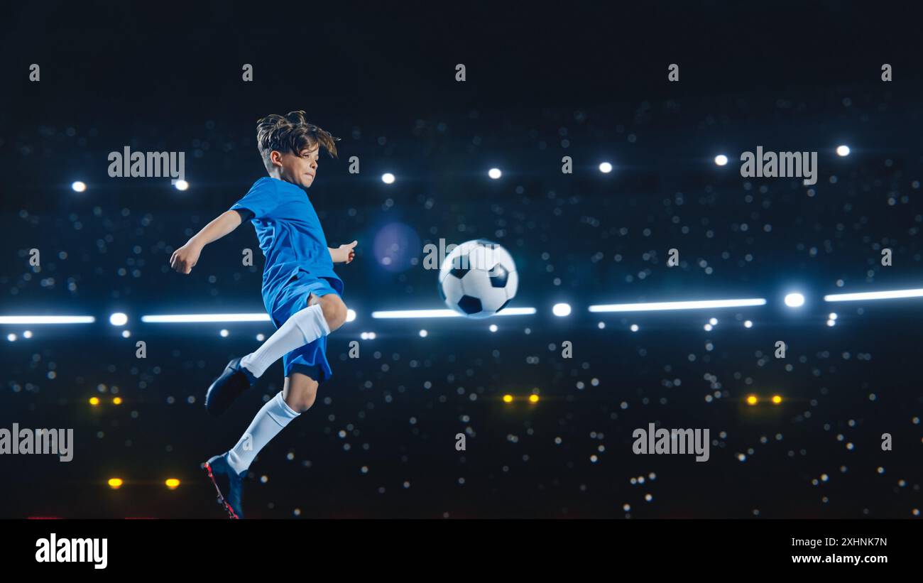 Aesthetic Shot Of Athletic Child Soccer Football Player Jumping And ...