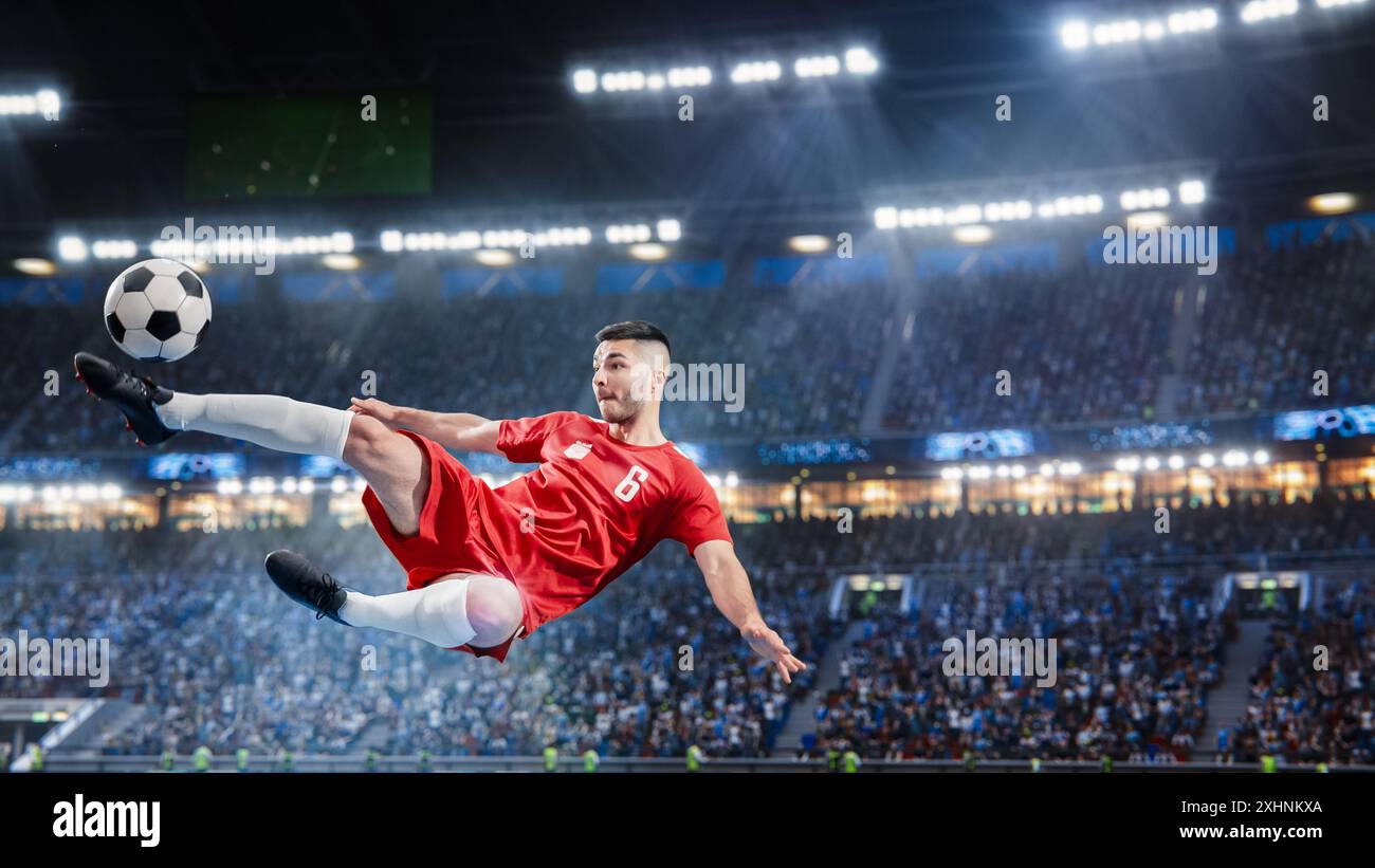 Aesthetic Shot Of Athletic Caucasian Soccer Football Player Doing Beautiful Overhead Kick On ...