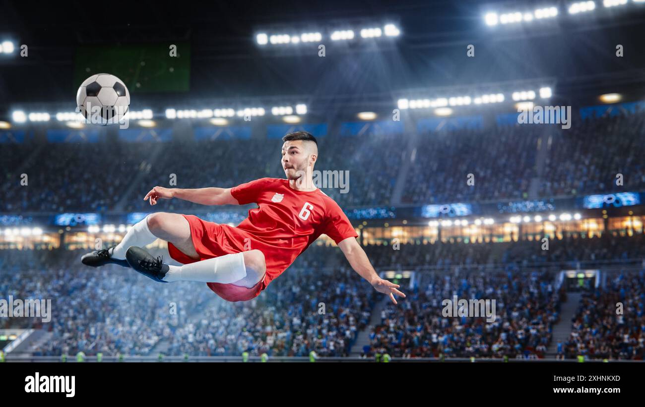Aesthetic Shot Of Athletic Caucasian Soccer Football Player Doing Beautiful Overhead Kick On ...