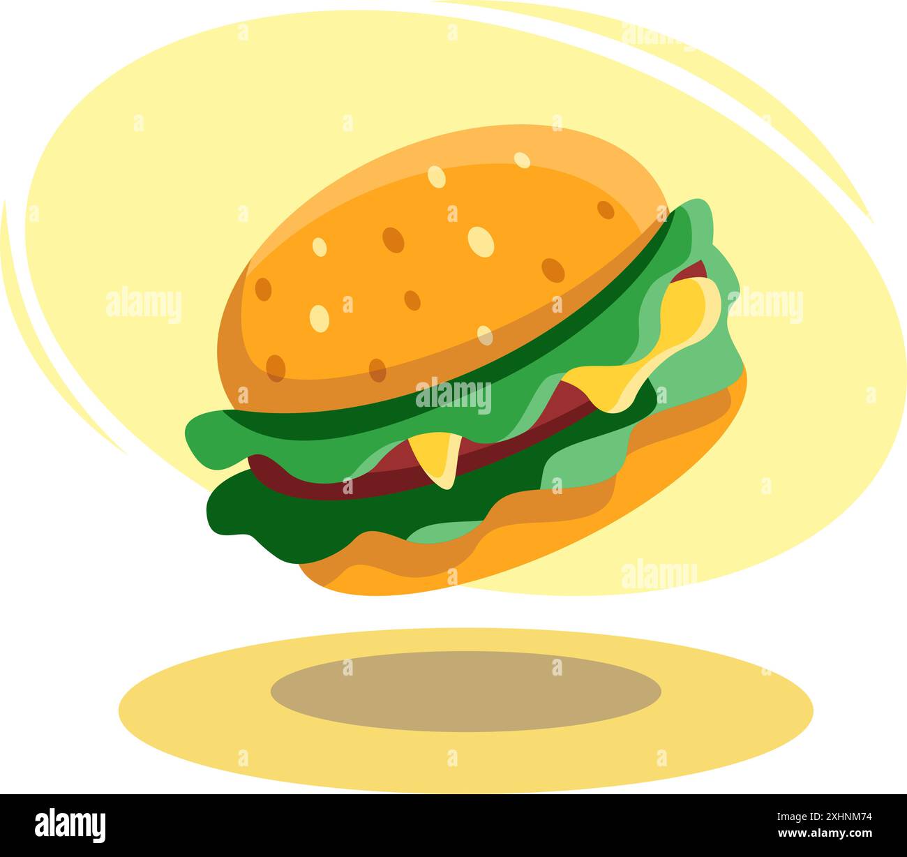 Delicious burger floating on yellow background illustration Stock ...